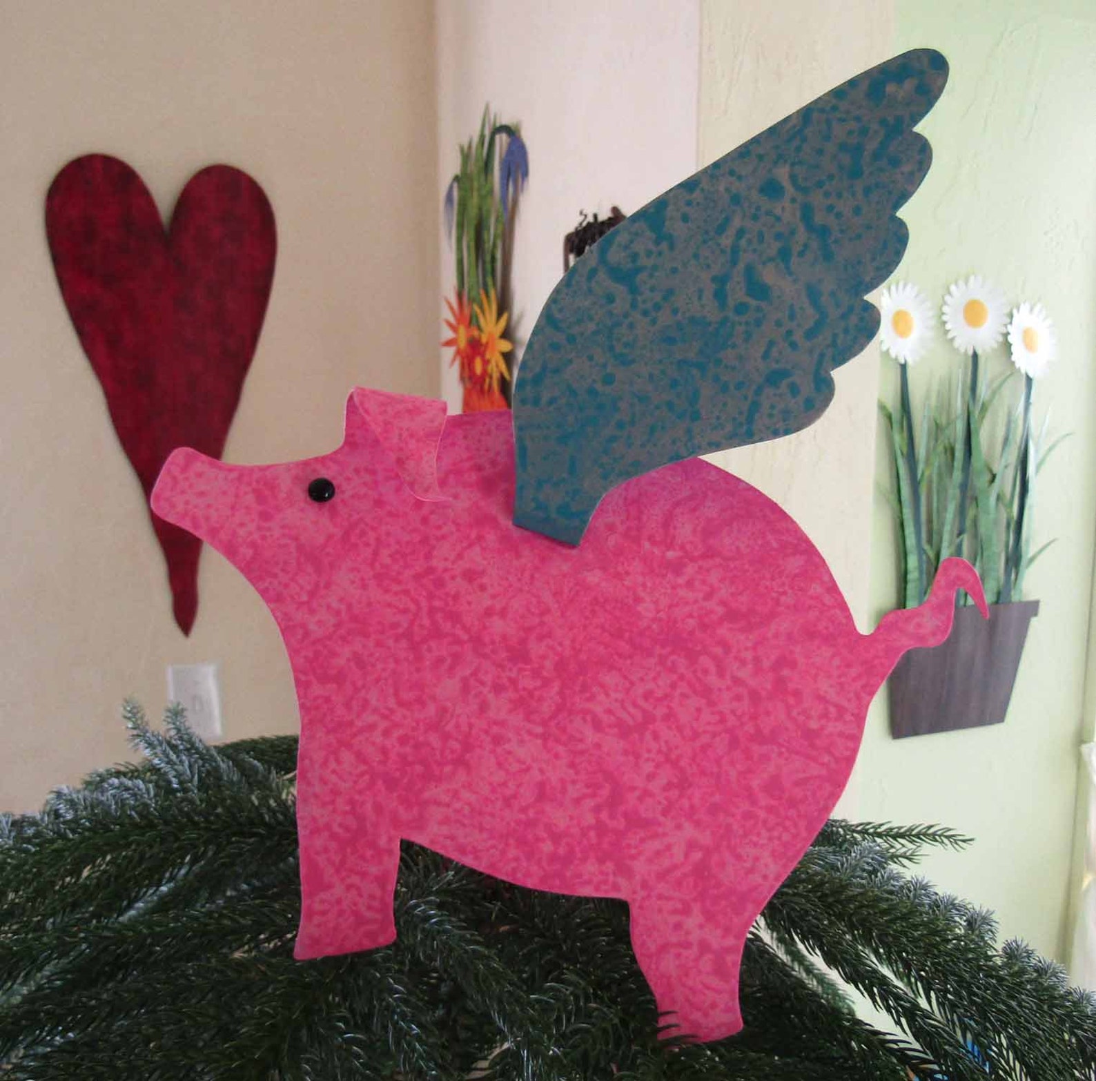 Pig Art Metal Sculpture Flying Pig Tree Topper Pink Turquoise | Etsy