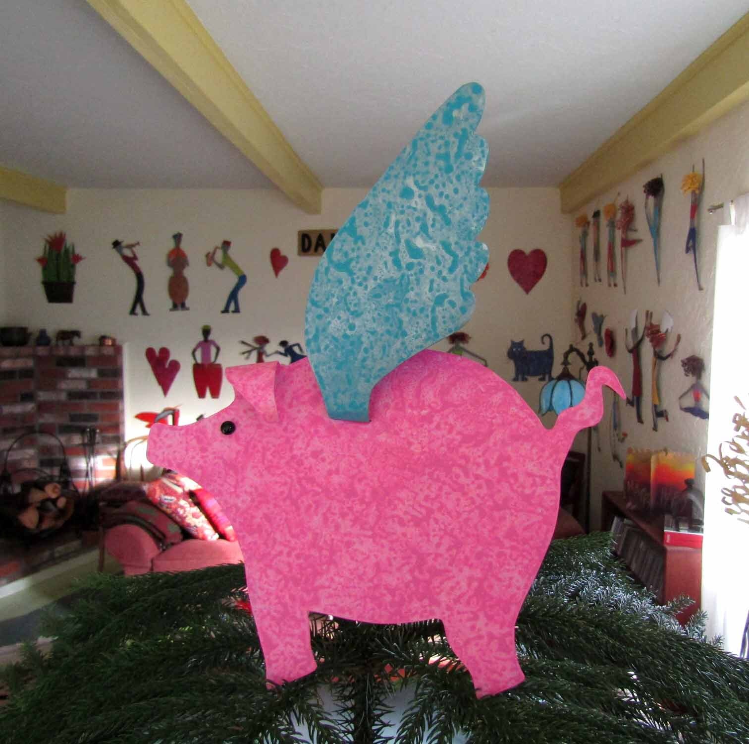 Pig Art Metal Sculpture Flying Pig Tree Topper Pink Turquoise - Etsy