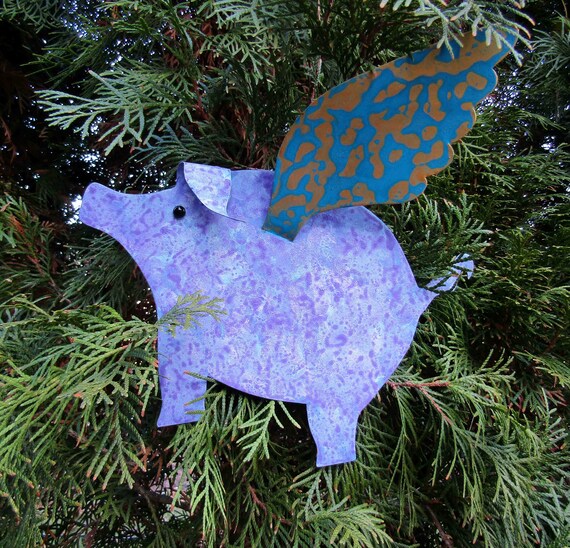 TREE TOPPER Metal Art Sculpture Flying Pig Lavender Turquoise | Etsy