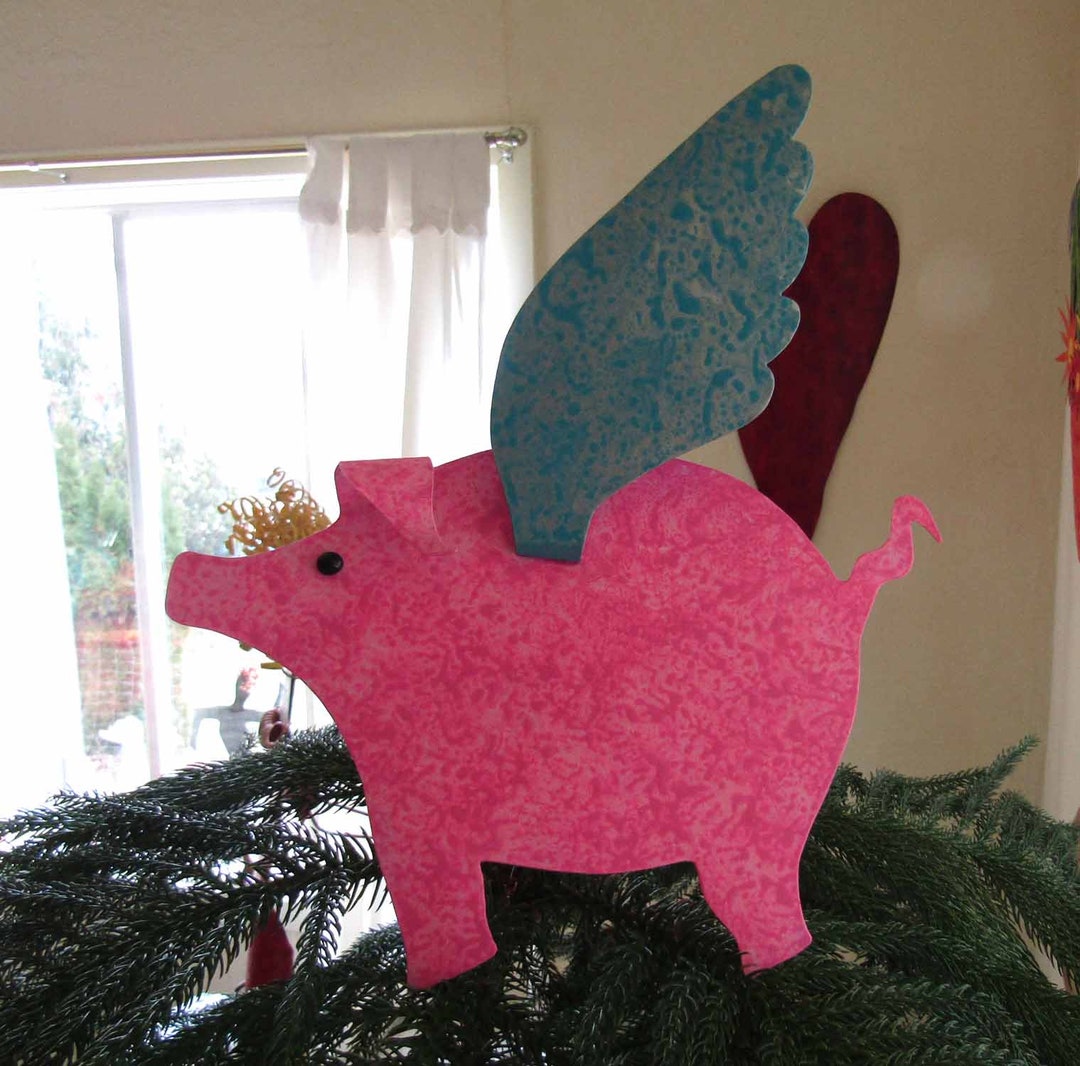 Pig Art Metal Sculpture Flying Pig Tree Topper Pink Turquoise Silver ...