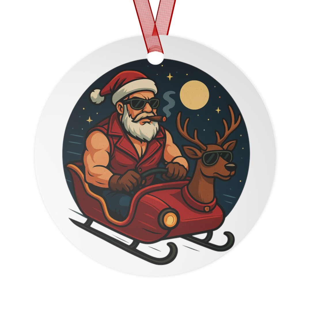 Cool Santa and Reindeer Sleigh Metal Ornament | Merry Christmas - Etsy