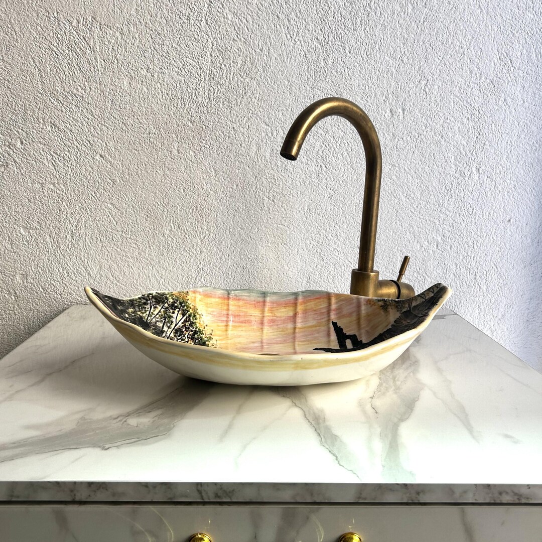 Handpainted Leaf Sink, Oval Vessel Sink, Counter Basin, Ceramic Sink ...