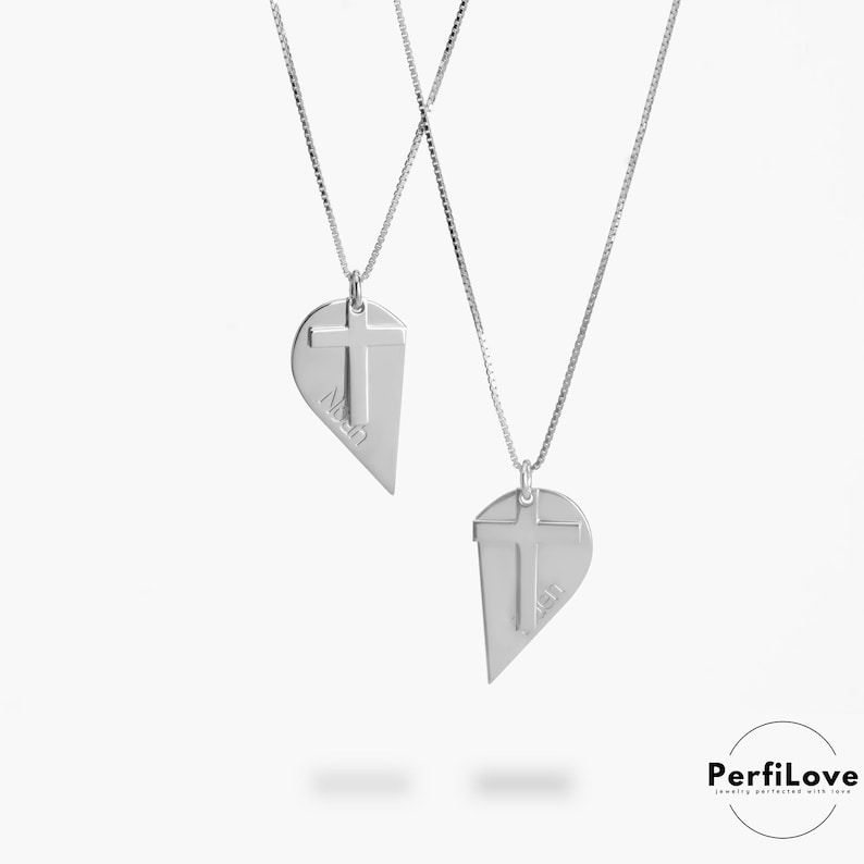 Engraved Split Heart Necklace With Cross: Sterling Silver Couple ...