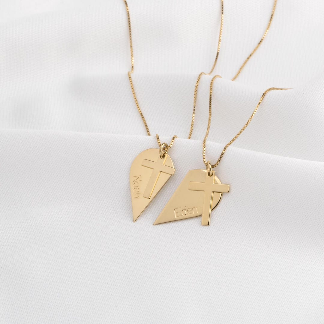 Matching Half Heart Necklace With Cross for Couples • Personalized Name ...