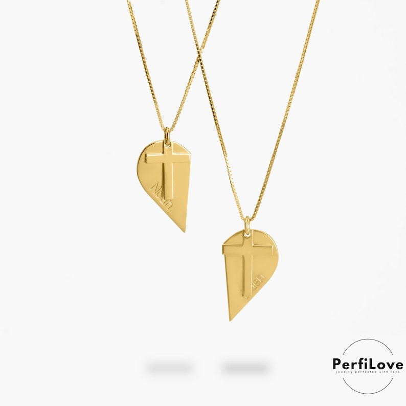 Engraved Split Heart Necklace With Cross: Sterling Silver Couple ...