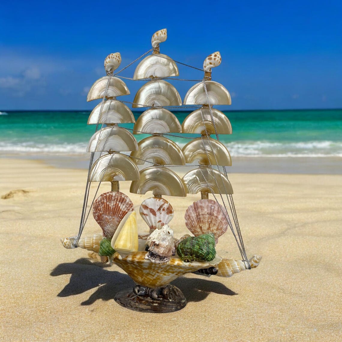 Vintage Seashell Sailboat Figurine: Handmade Nautical Decor (10'' X 12 ...