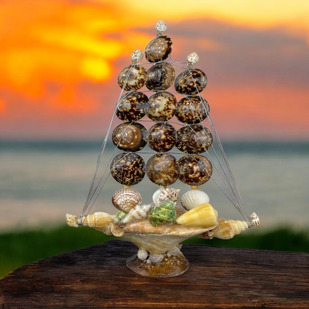 Ship Figurine From Seashell for Coastal Decor, Sailboat Art Beach ...