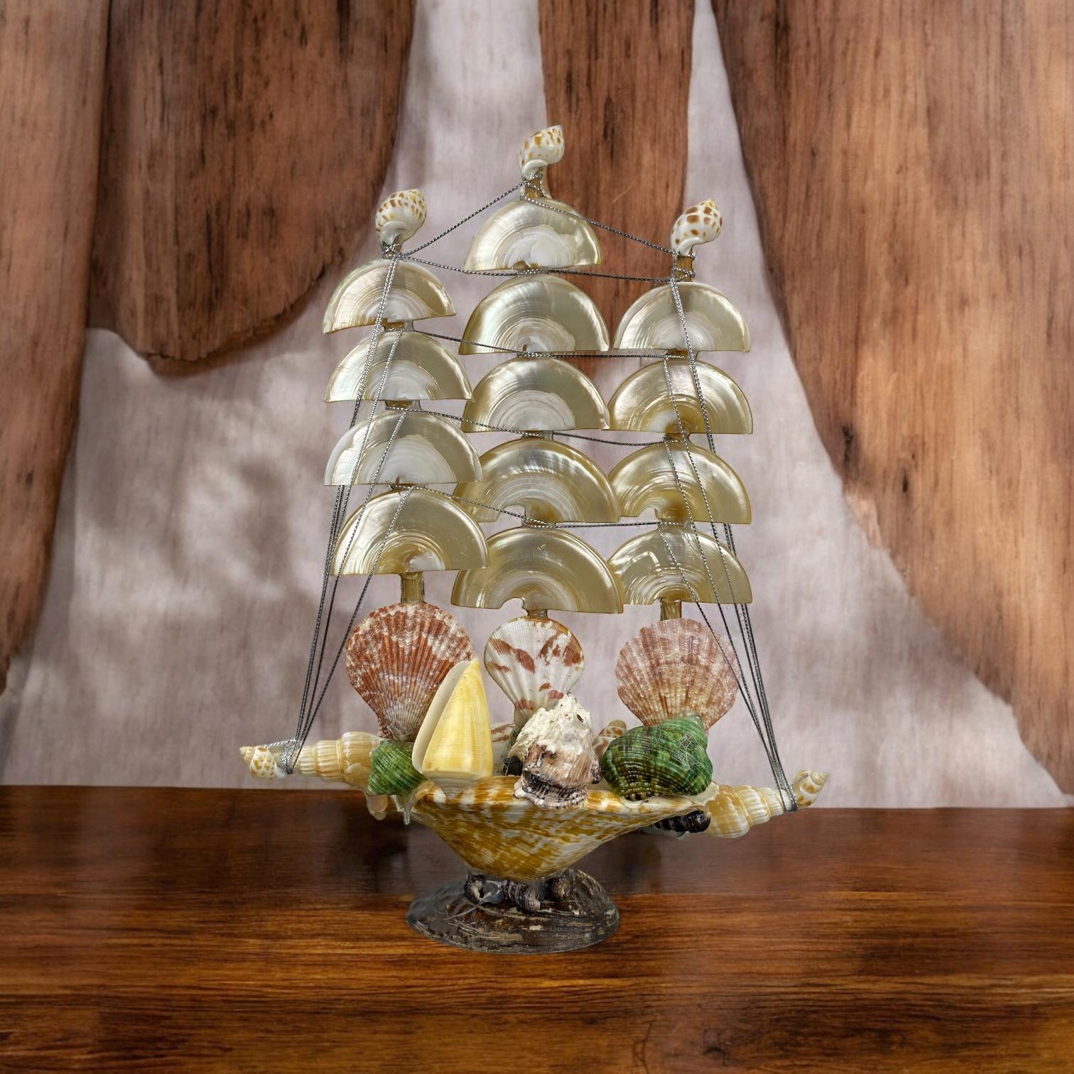 Vintage Seashell Sailboat Figurine: Handmade Nautical Decor (10'' X 12 ...