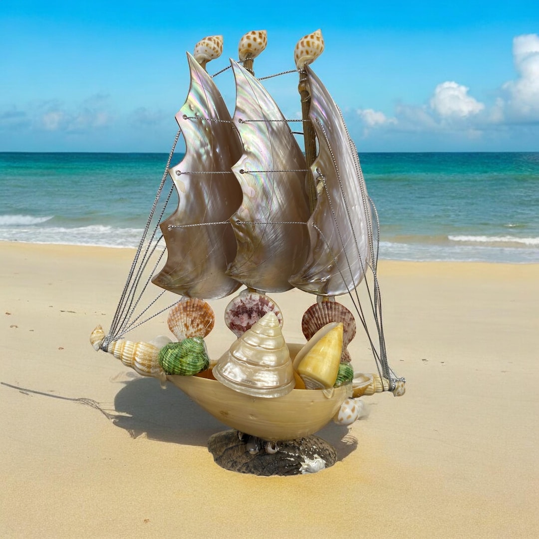 Seashell Sail Ship Art Beach Wedding Decor, Sailboat Handmade Art ...