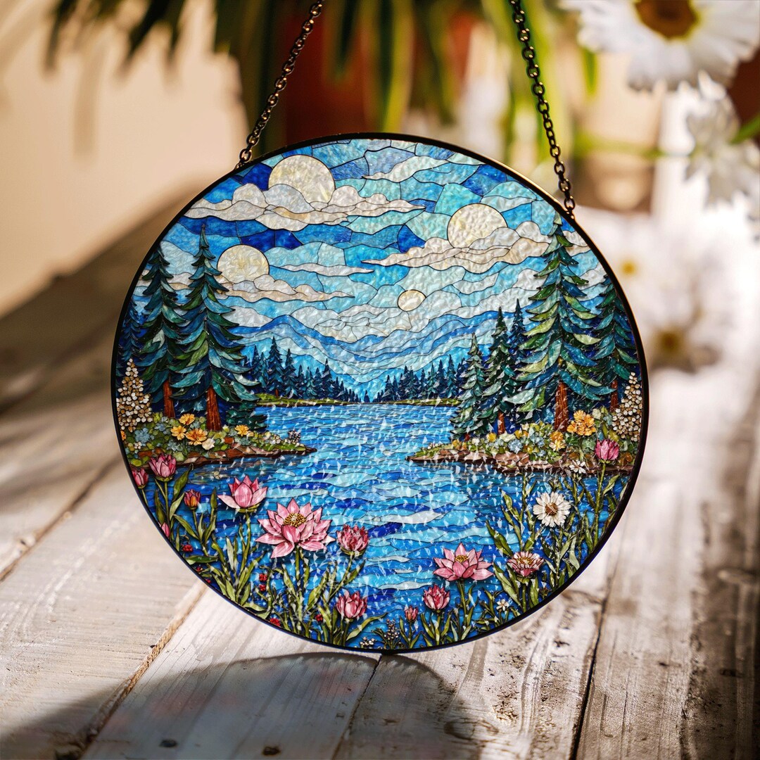 Stained Glass Lake Scene Suncatcher Beautiful Nature Home Decor Gift ...