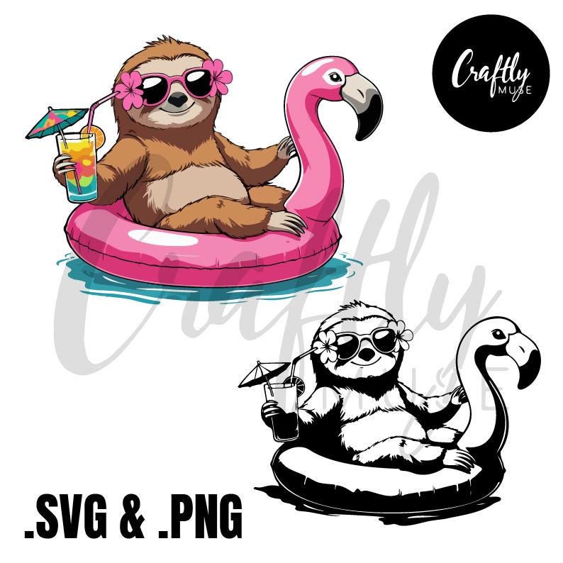 Cute Sloth Flamingo Float SVG | Summer Sloth Drinking Clipart PNG ...