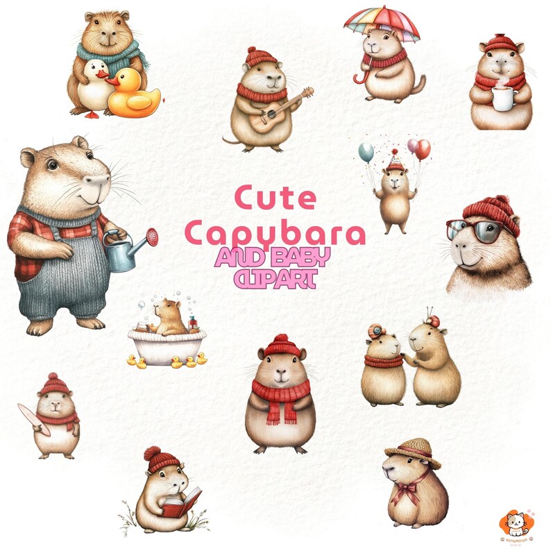 Watercolor Cute Capybara and Baby Clipart Adorable Hand-painted ...