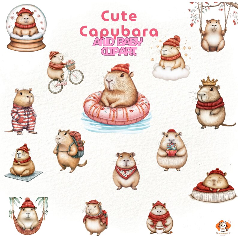 Watercolor Cute Capybara and Baby Clipart Adorable Hand-painted ...