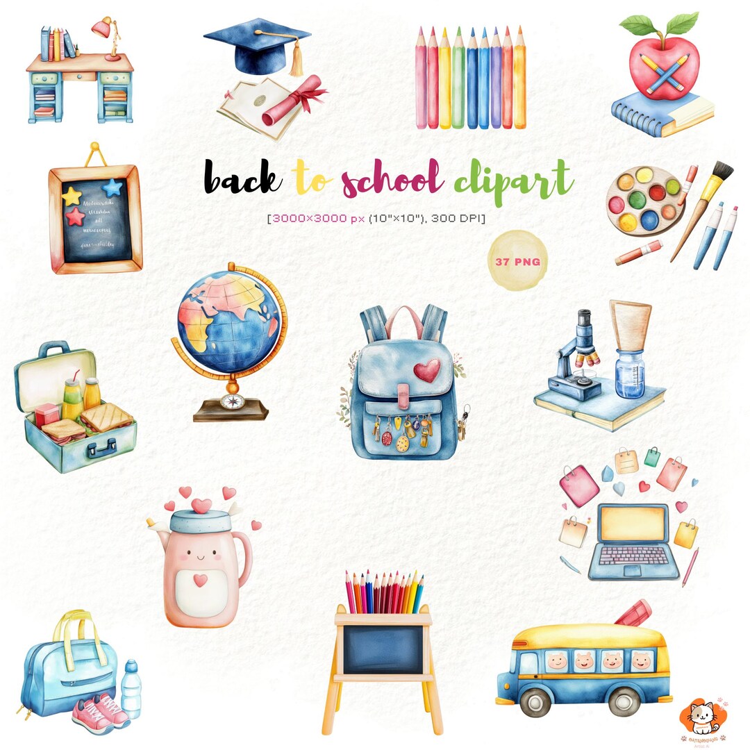 Watercolor School Clipart Bundle for Kids, Back to School Supplies PNG ...