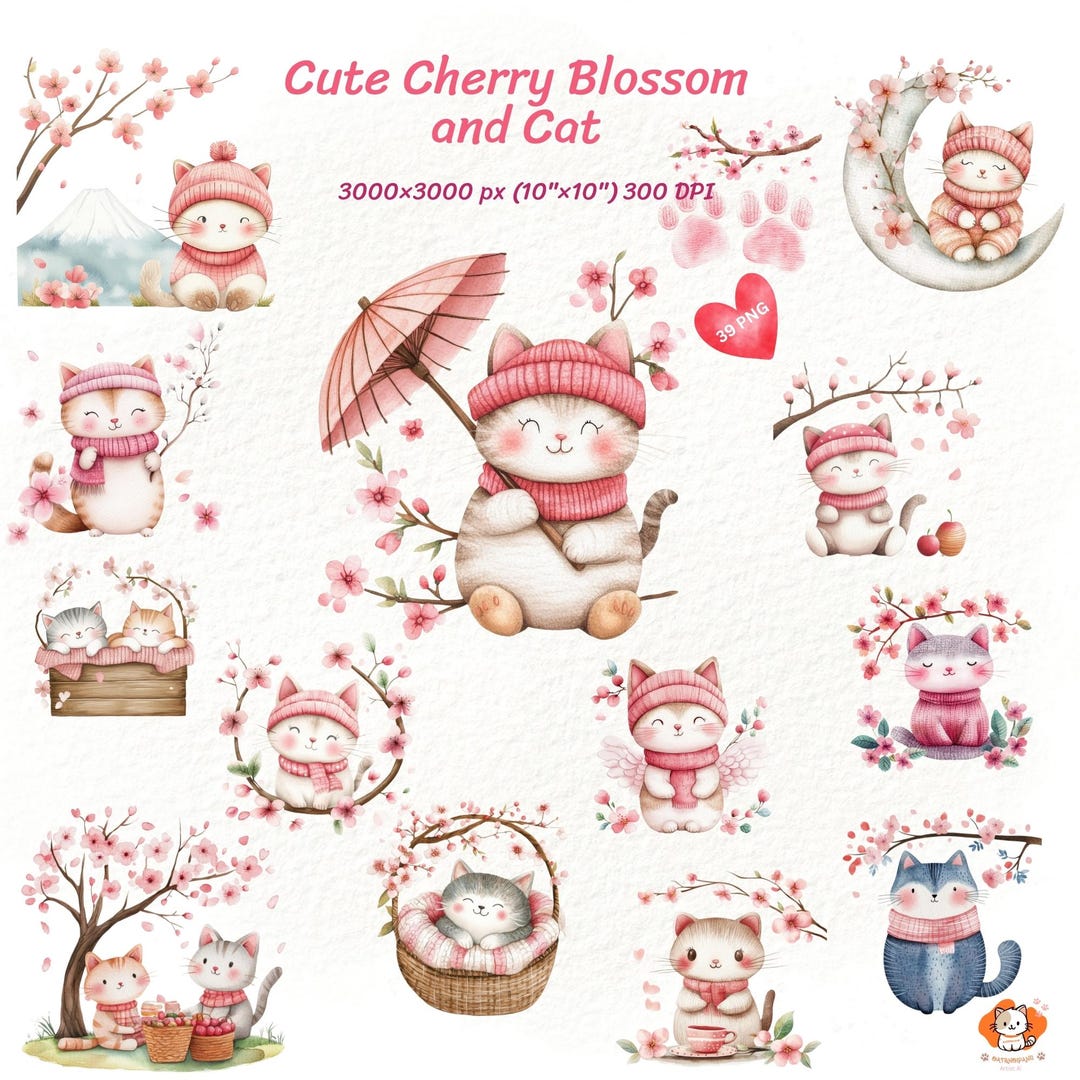Cute Cherry Blossom and Cat Watercolor Clipart Set – Adorable Floral ...