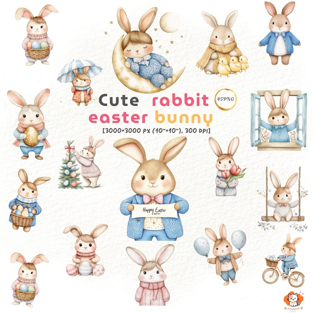 Cute Easter Bunny Clipart Set, Watercolor Bunny Characters for Spring ...