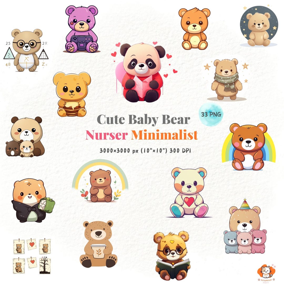 Cute Baby Bear Nursery Clipart Bundle – Minimalist Watercolor Bear PNG ...