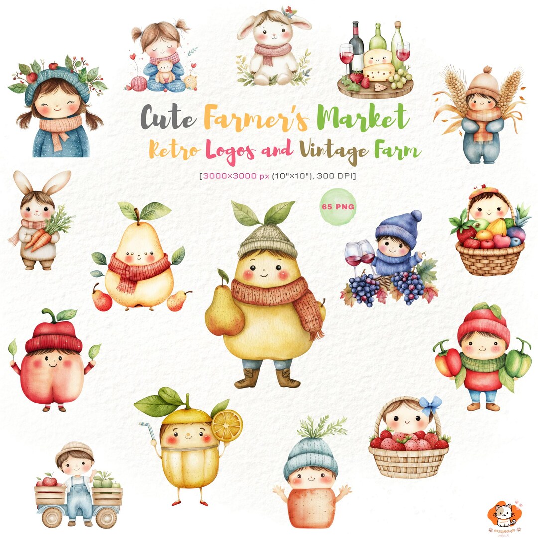 Cute Watercolor Farmer’s Market Clipart Bundle With Retro Logos and ...