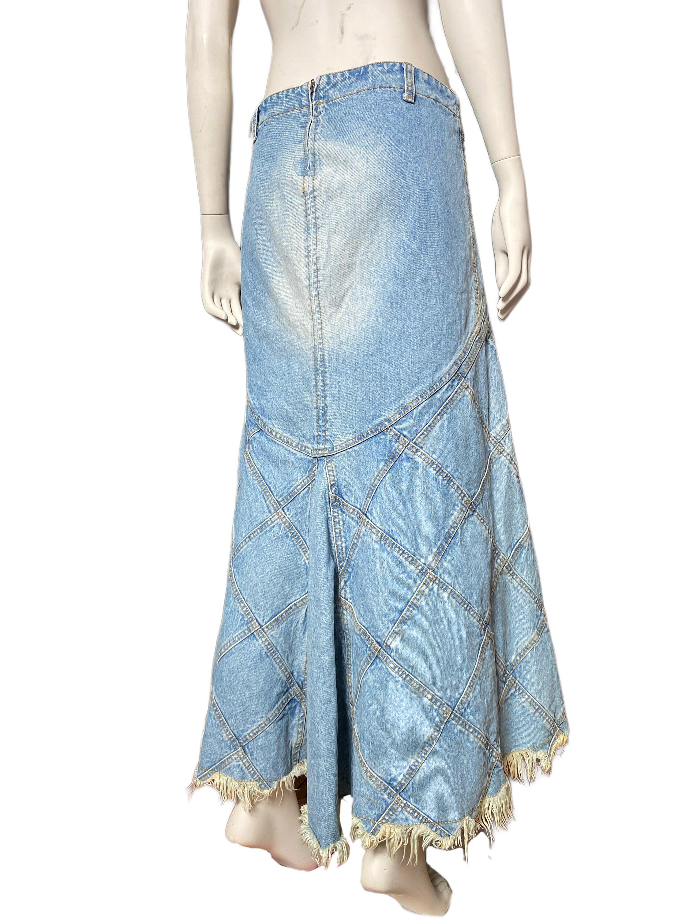Stunning Vintage Y2K Denim Maxi Long Tiered Skirt Frill Ends Acid Wash ...