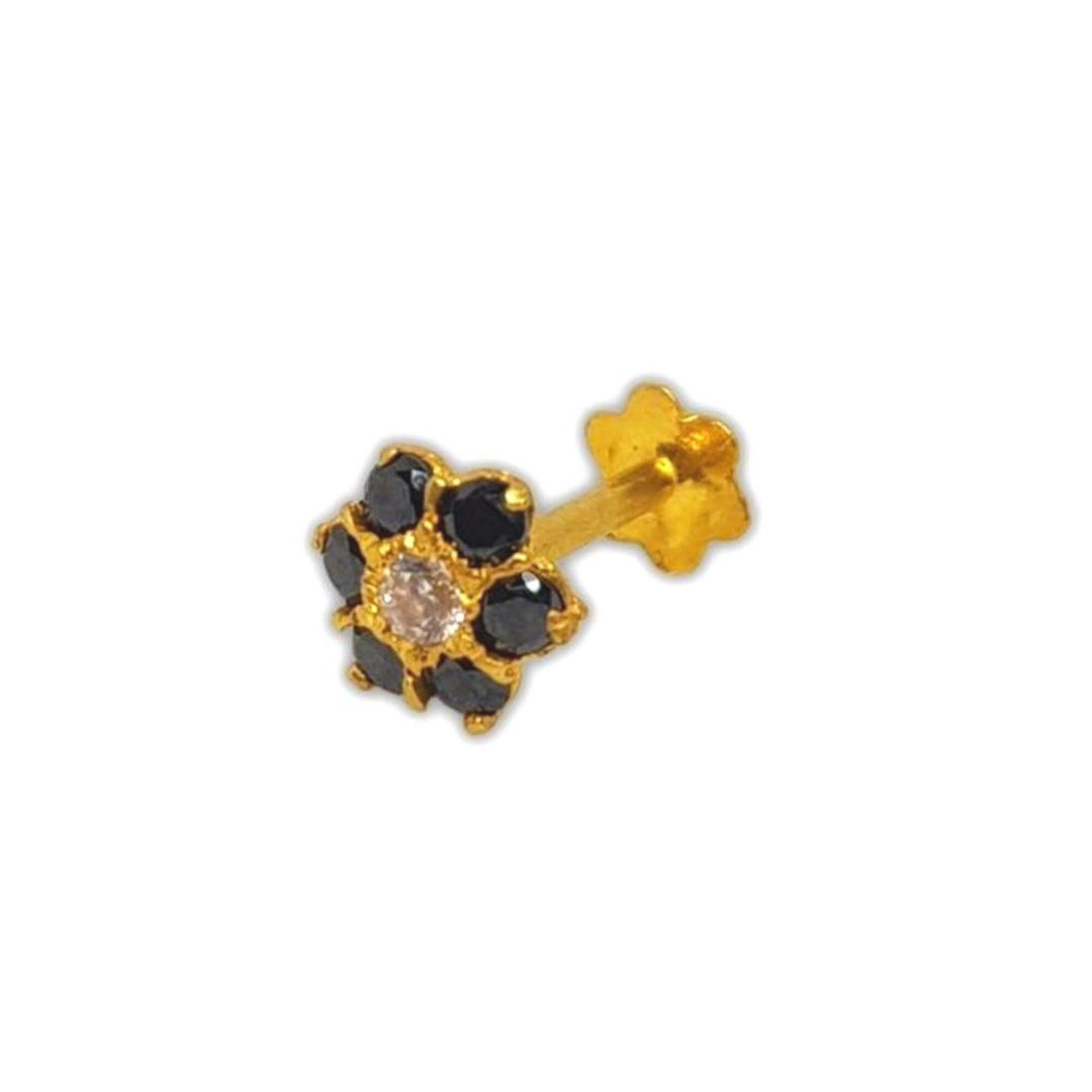 Black Stone Nose Pin in Round Flower Shape Gift for Her 14k Gold Nose ...