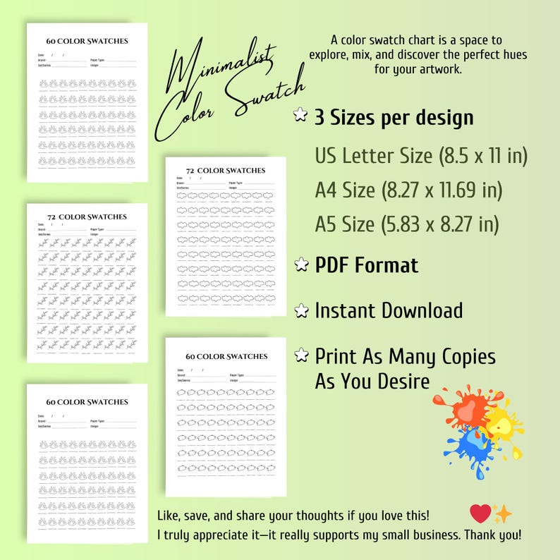 Printable Color Swatch Chart | 60 & 72 Colors | Organic Shapes | A4 A5 ...