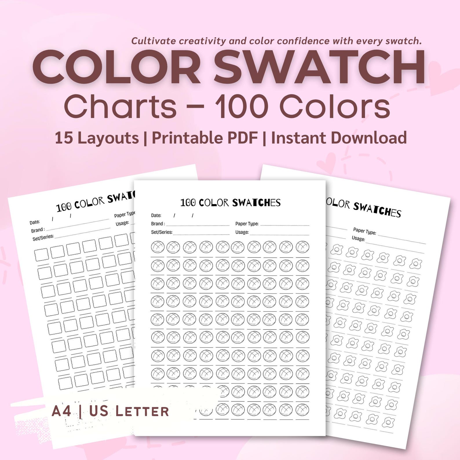 100 Color Swatch Chart Printable PDF | 15 Layouts | A4 & US Letter ...