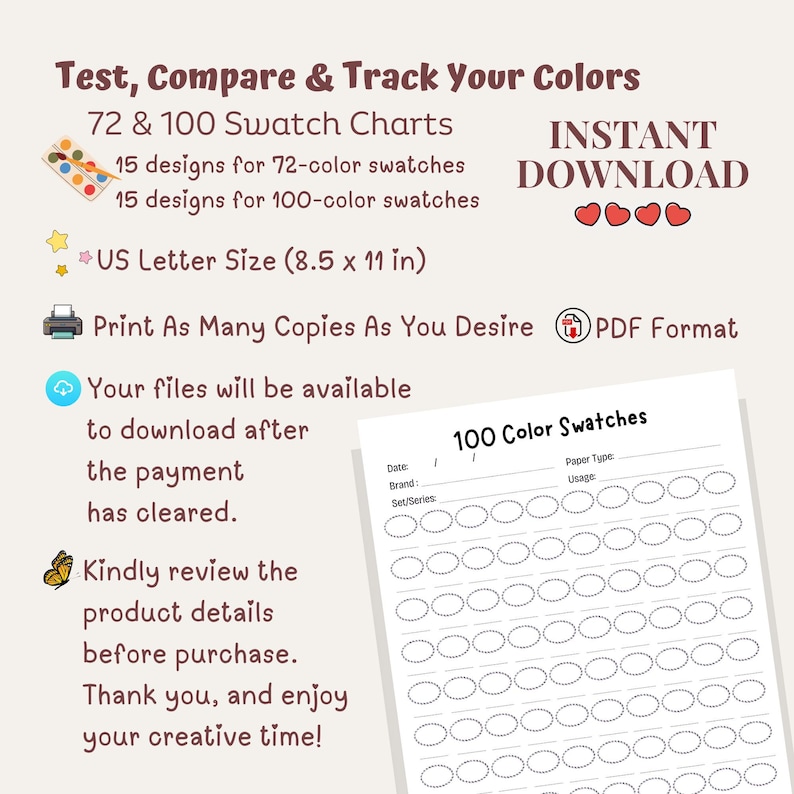Printable Color Swatch Chart Set: 72 & 100 Color Templates (US Letter ...