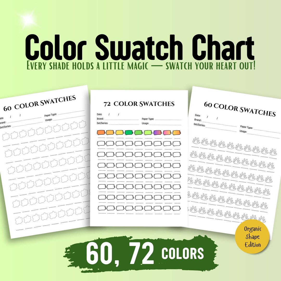Printable Color Swatch Chart | 60 & 72 Colors | Organic Shapes | A4 A5 ...