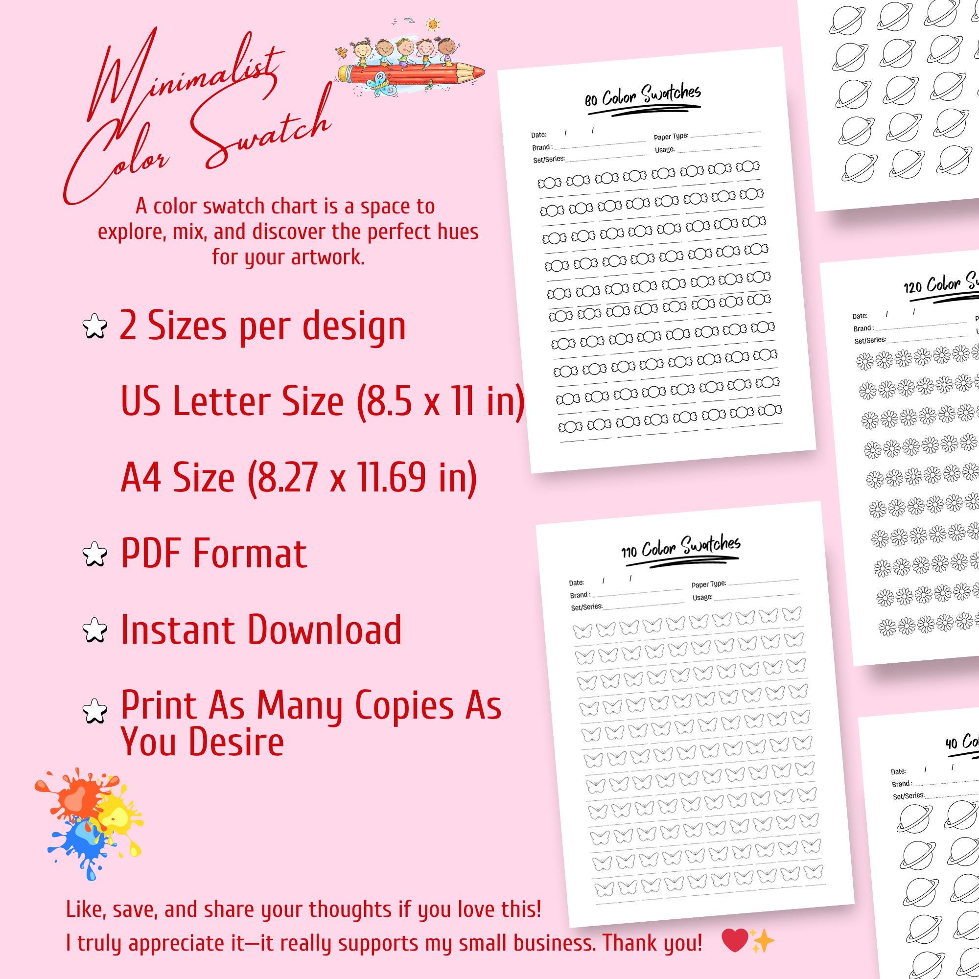 Printable Color Swatch Charts: 40, 80, 110, 120 Colors (PDF) - Etsy
