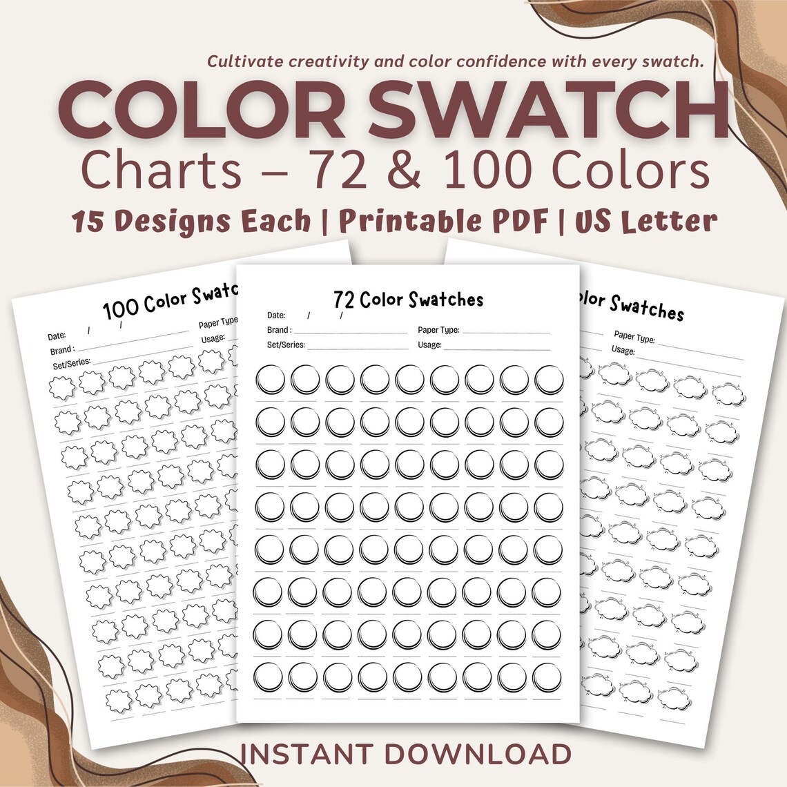 Printable Color Swatch Chart Set: 72 & 100 Color Templates (US Letter ...