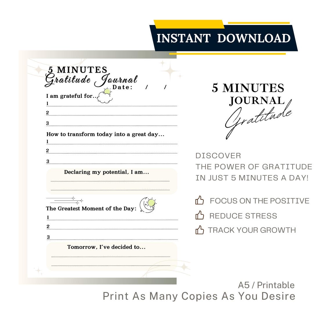 5 Minutes Gratitude Journal, Daily Gratitude Journal, Printable ...