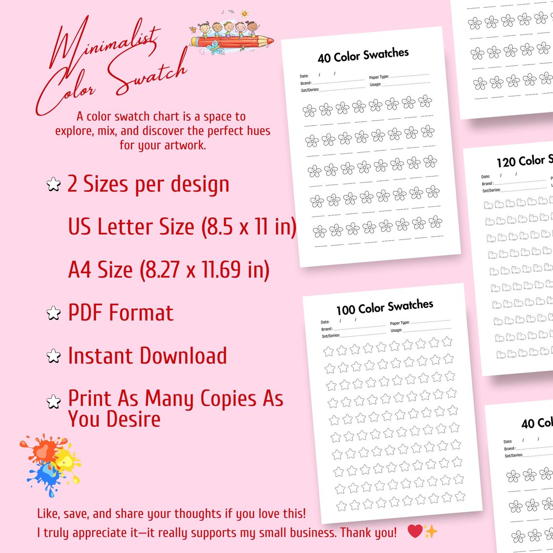 Blank Color Chart Printable, Cute Color Swatch Sheets PDF, Color ...