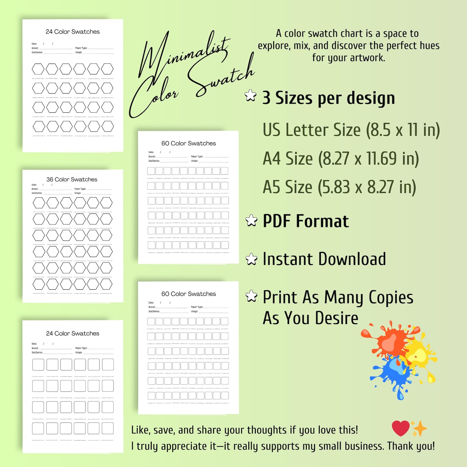 Simple Color Swatch Chart | 24 36 48 60 Colors | Rounded Squares ...