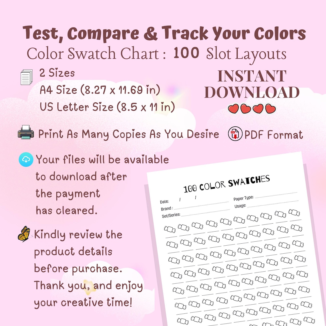 100 Color Swatch Chart Printable PDF | 15 Layouts | A4 & US Letter ...