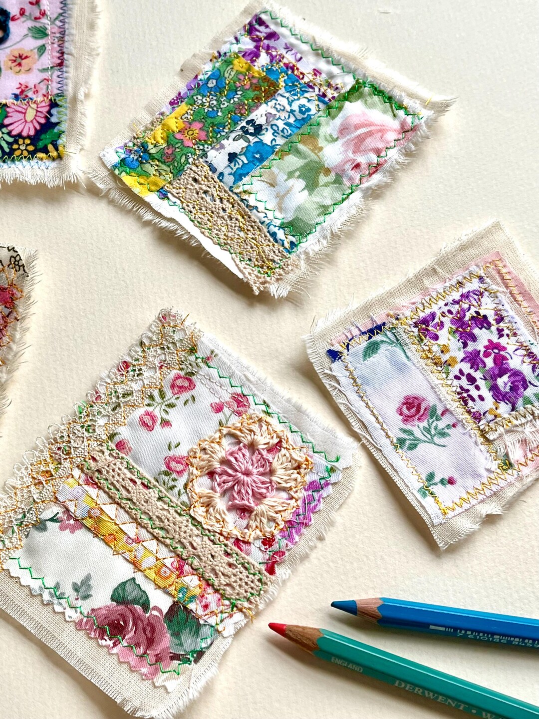 Fabric Art Collage Clusters: Journaling Ephemera Patches, Mixed Media ...