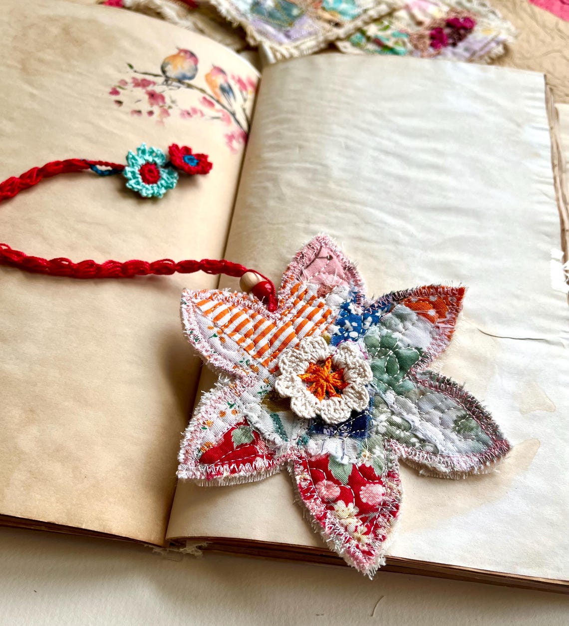 Boho Flower Bookmark Handmade From Fabric Collage – Unique Textile Art ...