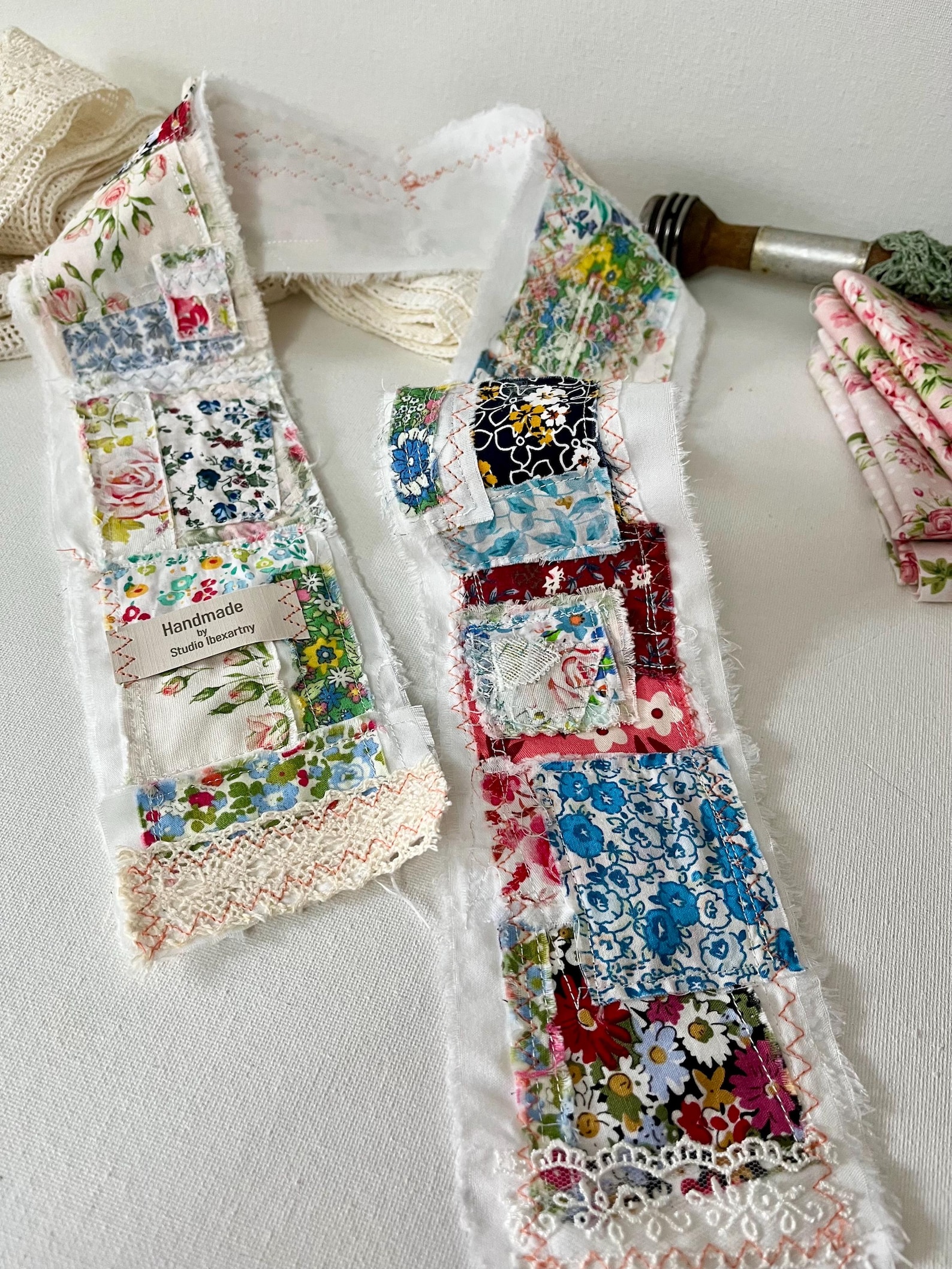 Handmade Country Blues Fabric Snippet Roll: Cotton Lace, Junk Journal ...