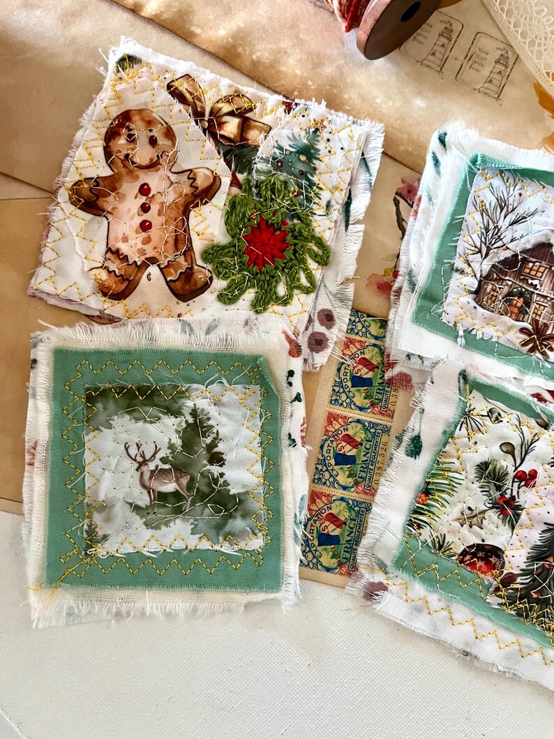 Christmas Themed Fabric Collage Clusters, Snippet Clusters: Handmade ...