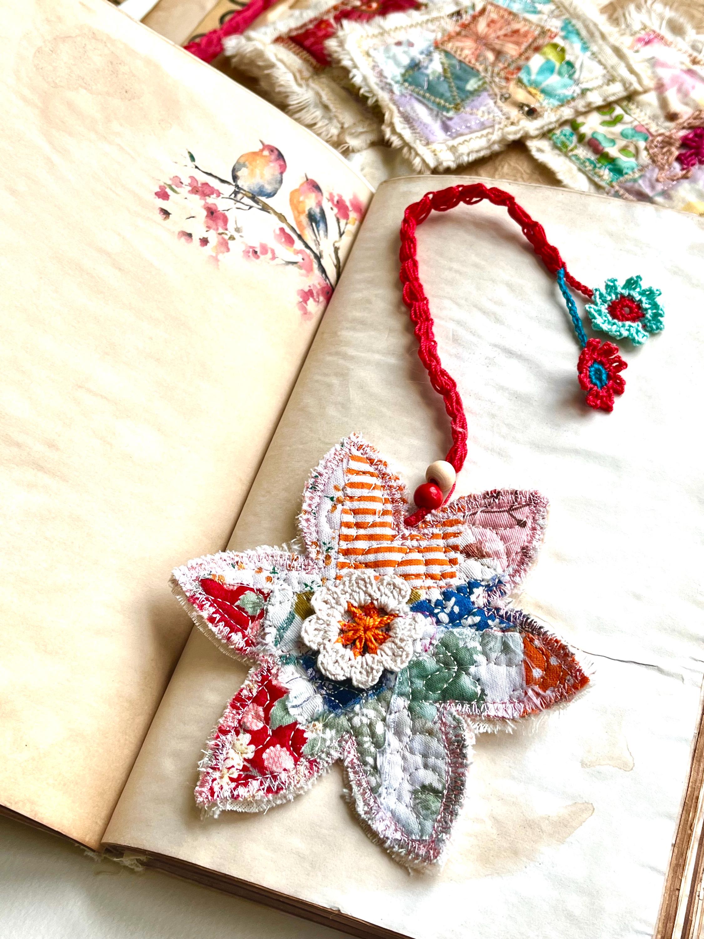 Boho Flower Bookmark Handmade From Fabric Collage – Unique Textile Art ...