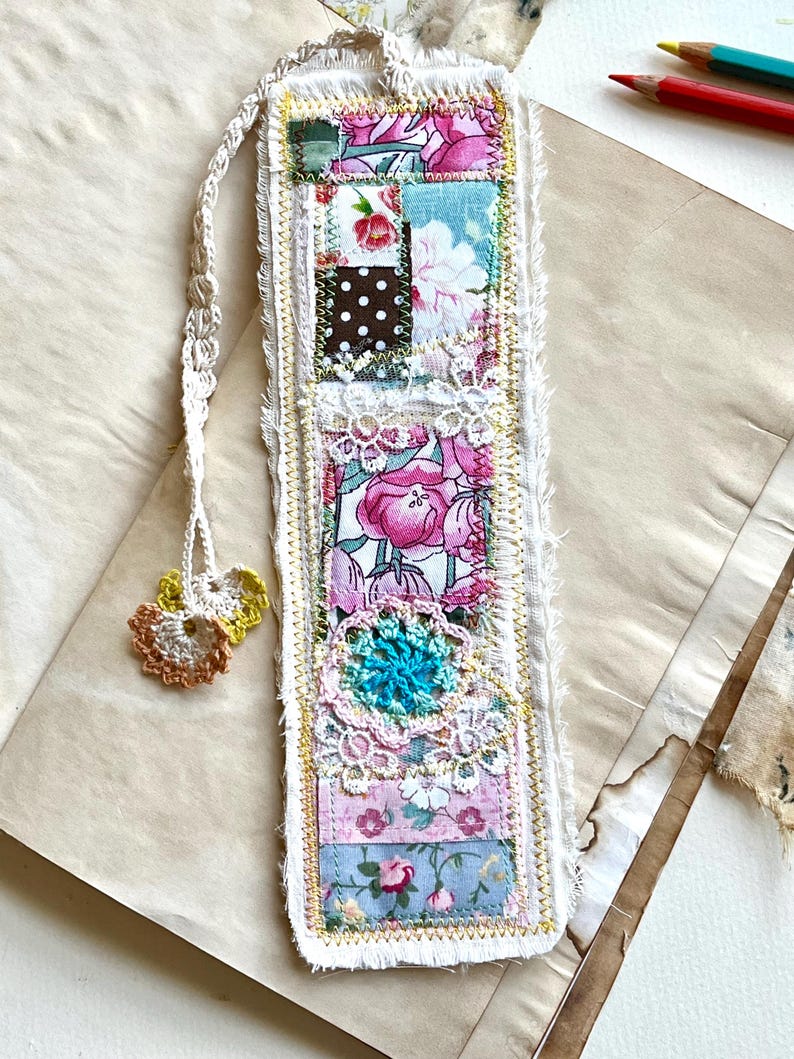 Cottage Core Fabric Art Bookmark – Handmade Textile Collage With Lace ...