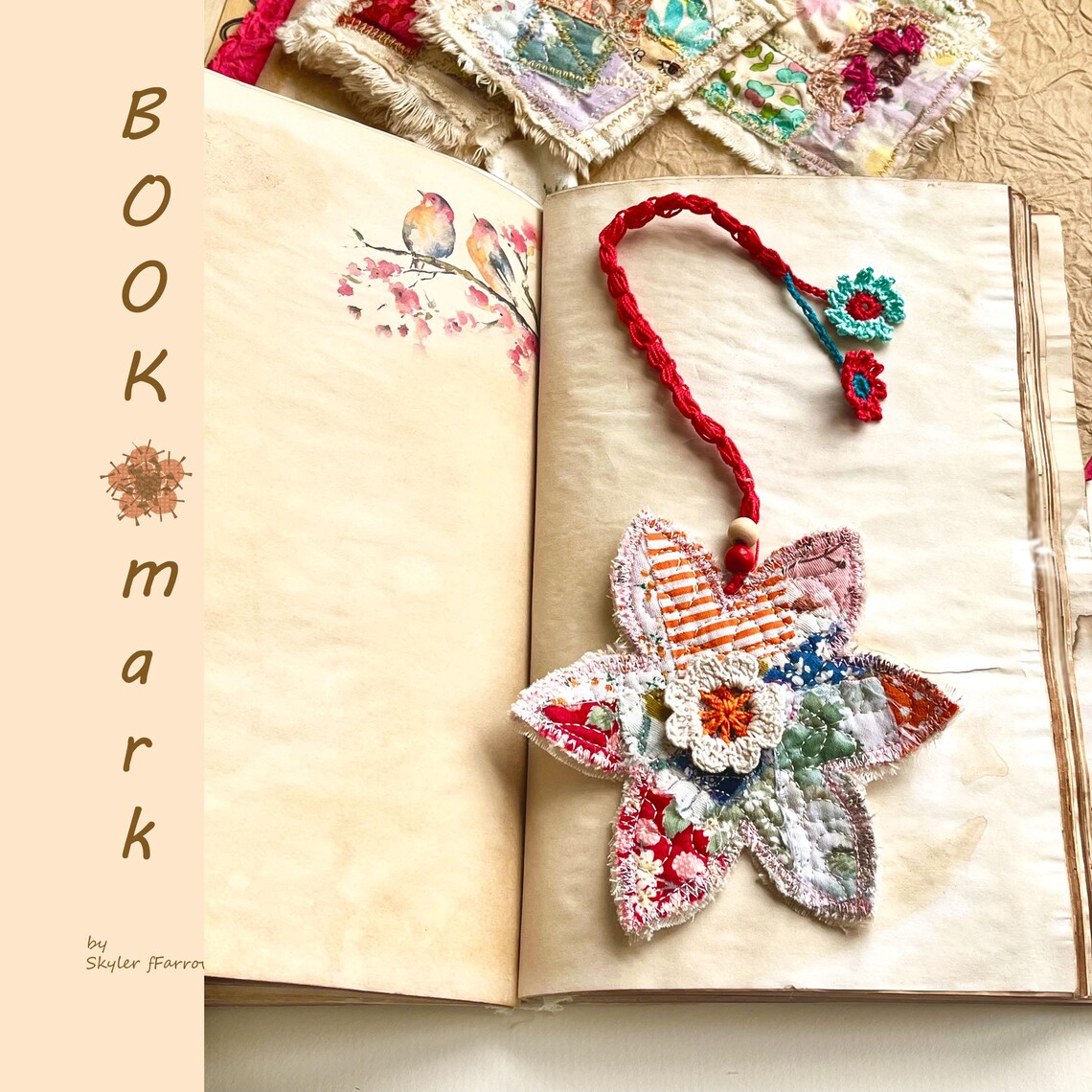 Boho Flower Bookmark Handmade From Fabric Collage – Unique Textile Art ...