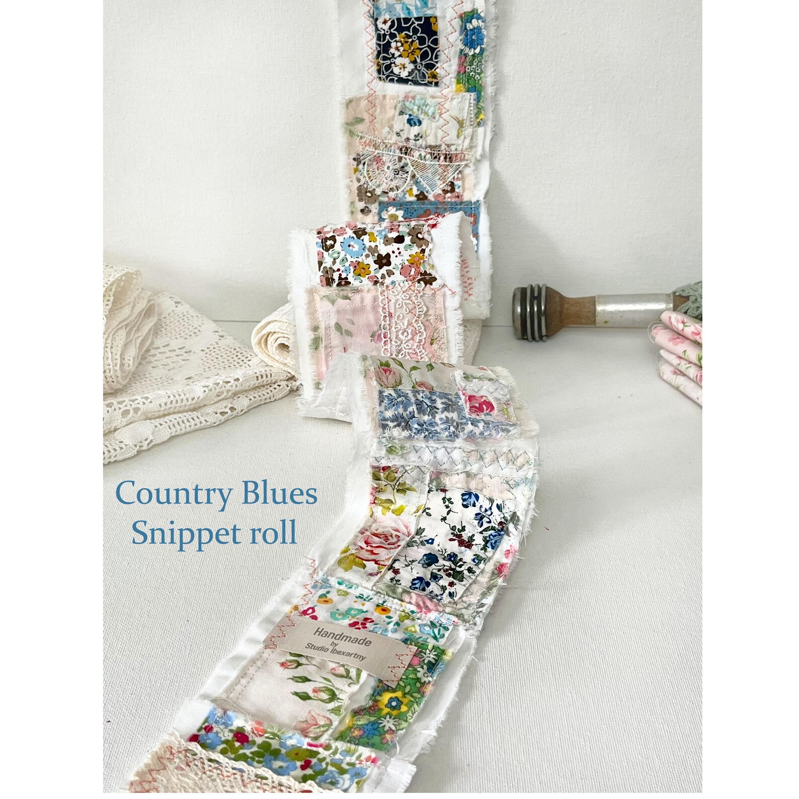Handmade Country Blues Fabric Snippet Roll: Cotton Lace, Junk Journal ...