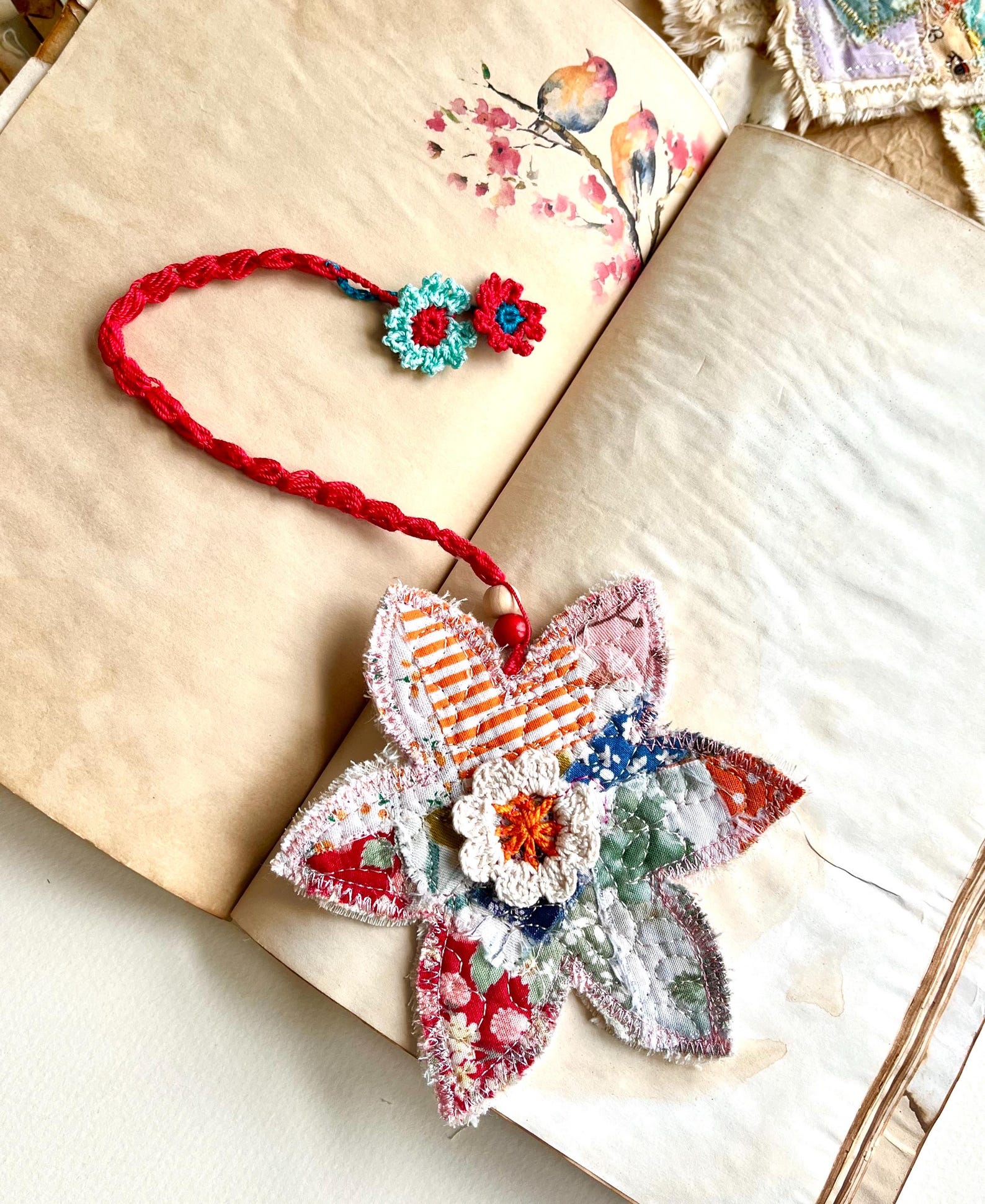 Boho Flower Bookmark Handmade From Fabric Collage – Unique Textile Art ...