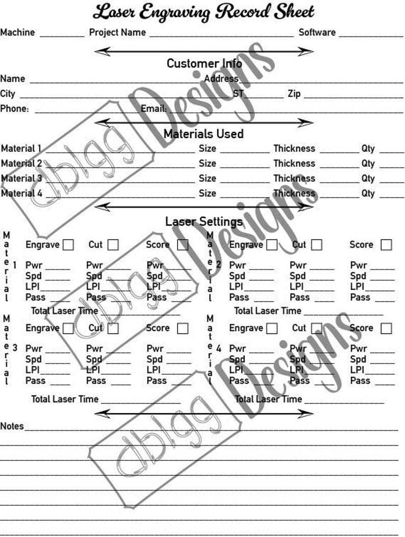 Laser Settings Record Sheet for Keeping Track of Your Project Settings ...