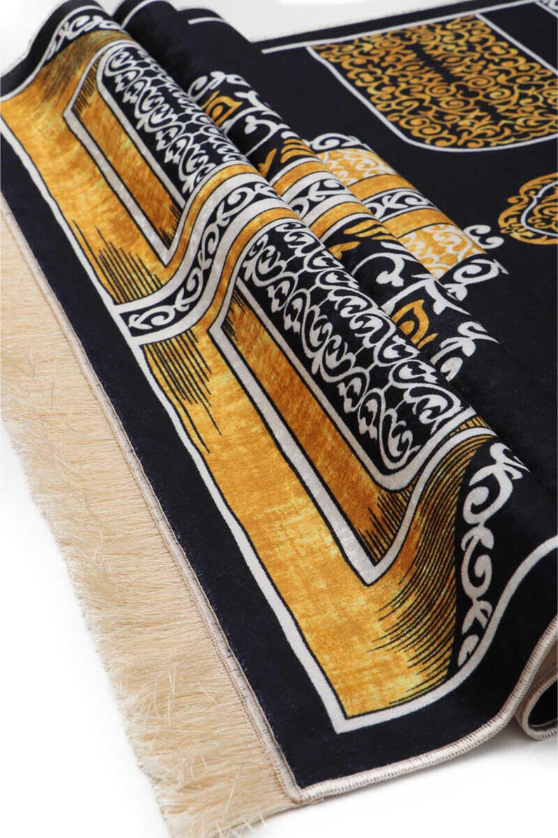 Black Kaaba Velvet Prayer Mat, Prayer Rug, Janamaz, Sejadah | Islamic ...