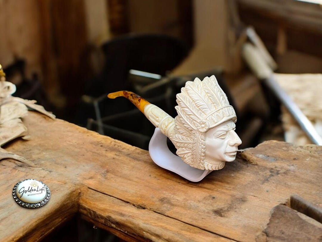 Chief Red Feather Meerschaum Pipe - Hand-carved Native American Design ...