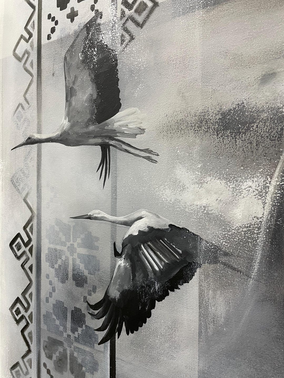 Monochrome Acrylic & Oil cranes Painting, Symbolic Bird Art for Home ...