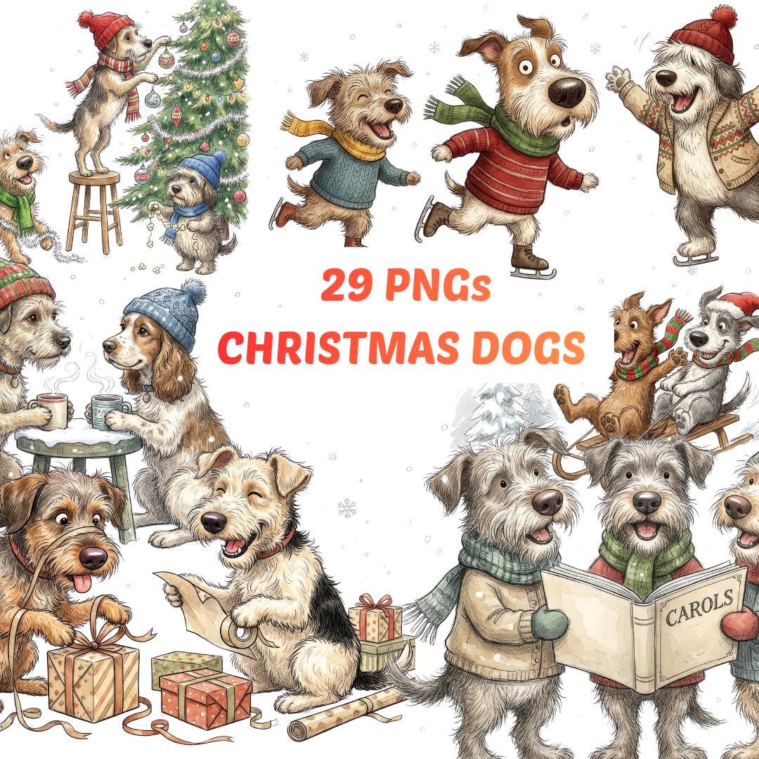Christmas Dogs Whimsical Clipart: Cute Festive Graphics (digital ...