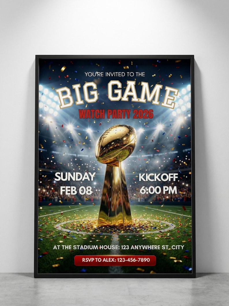Super Bowl 2026 Watch Party Invitation, Editable Football Invite (canva ...