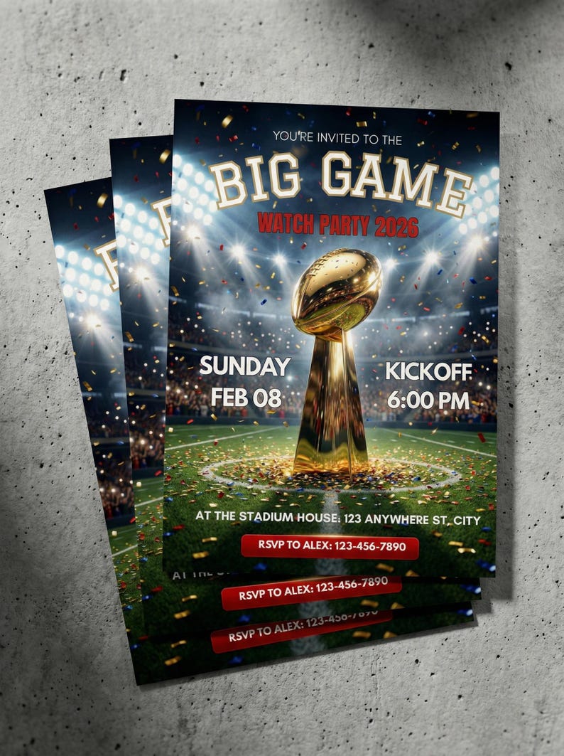 Super Bowl 2026 Watch Party Invitation, Editable Football Invite (canva ...